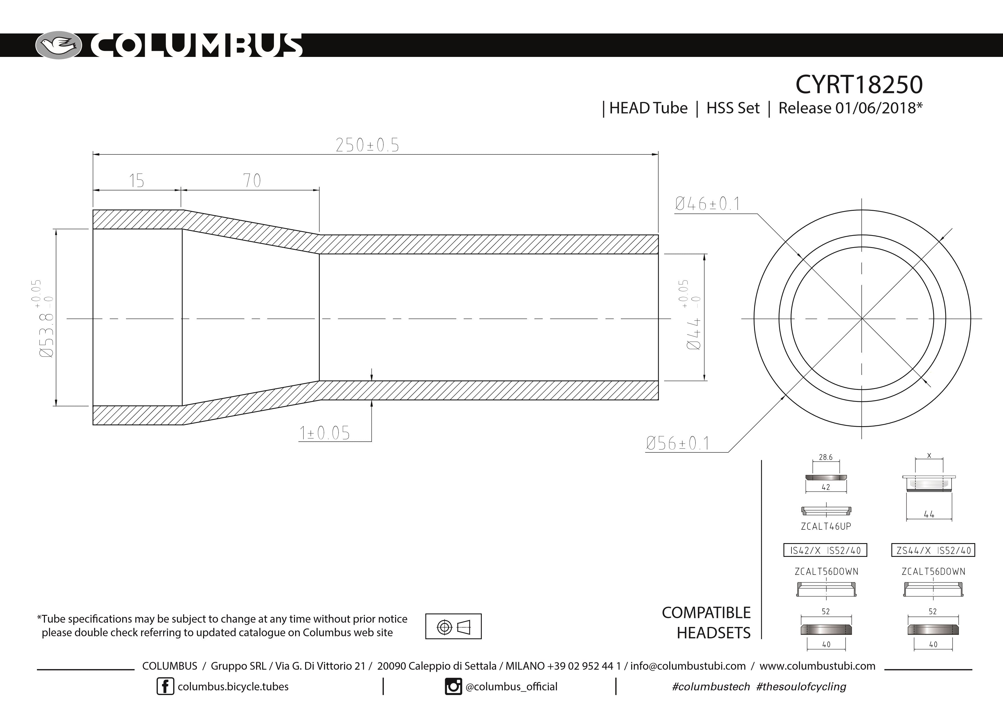 Columbus Spirit HSS tapered head tube - 56/46 dia. - 1mm wall - length ...